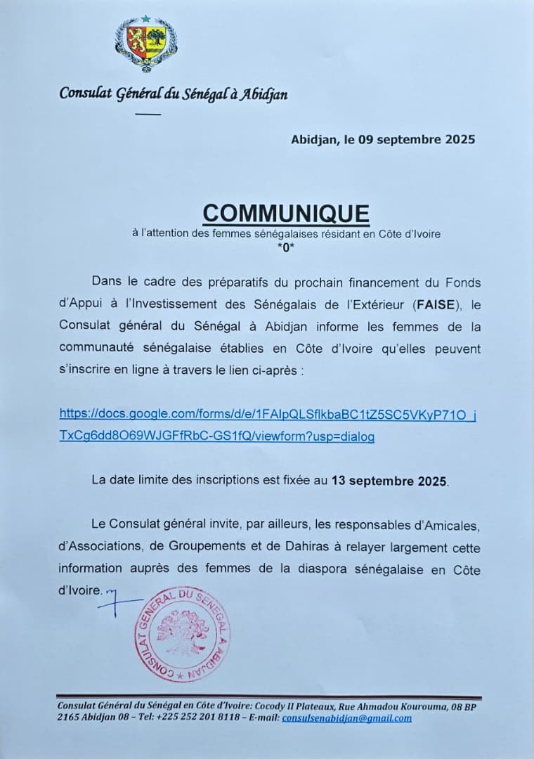 Consulat du Sénégal à Abidjan | Appel à inscriptions des femmes sénégalaises en Côte d’Ivoire ...